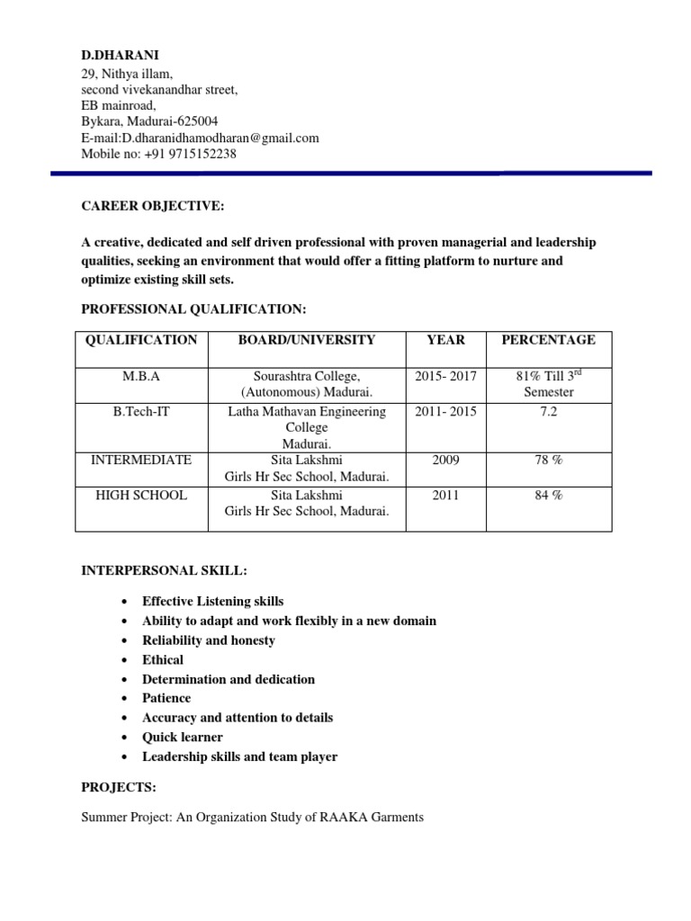 Dharani Resume | PDF | Cognition | Learning
