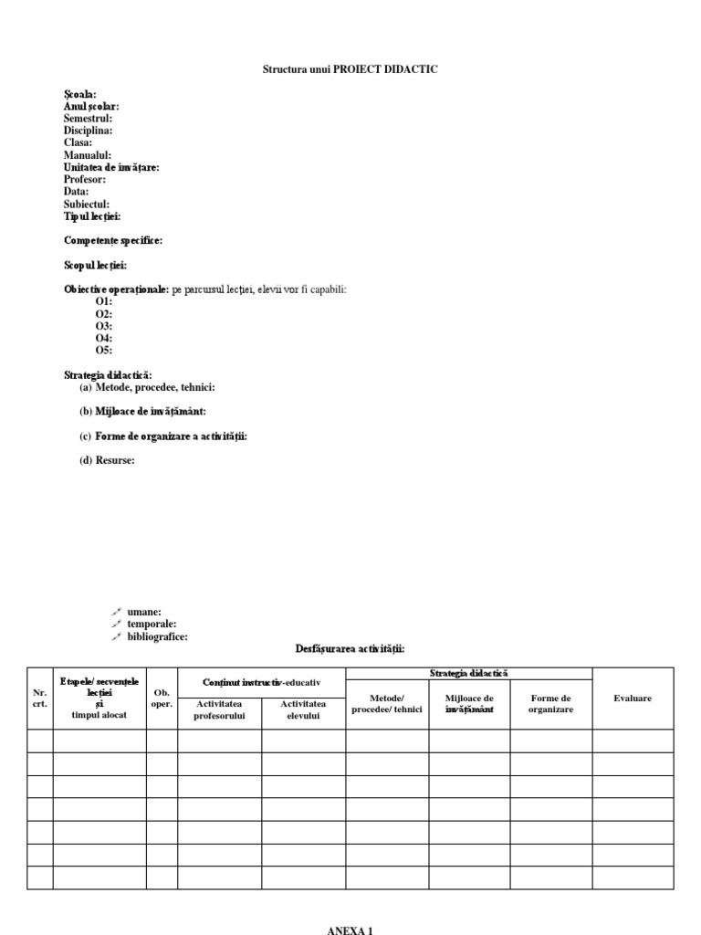 Structura Unui PROIECT DIDACTIC Model2017 PDF | PDF