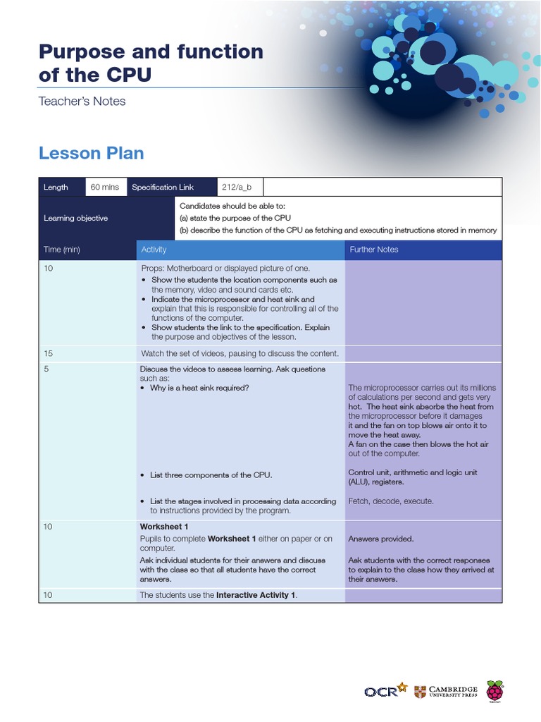 Purpose and Function of The CPU: Lesson Plan | PDF | Central Processing ...