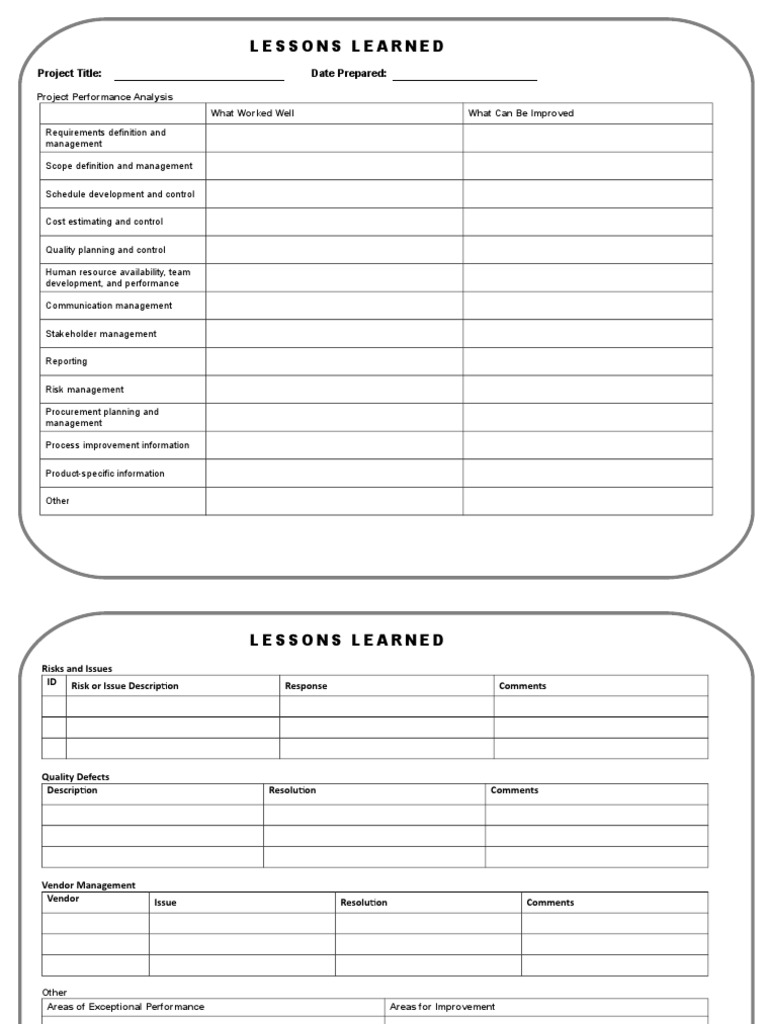 Lessons Learned: Project Title: Date Prepared | PDF