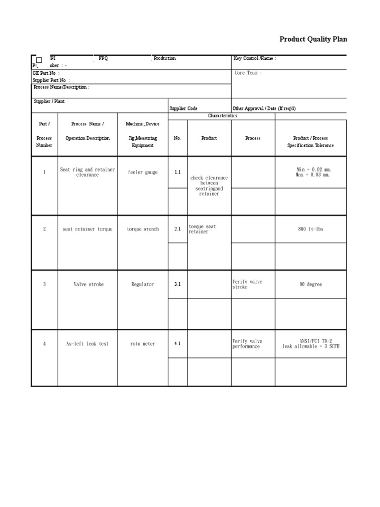 Product Quality Plan (PQP) | PDF | Valve | Machines
