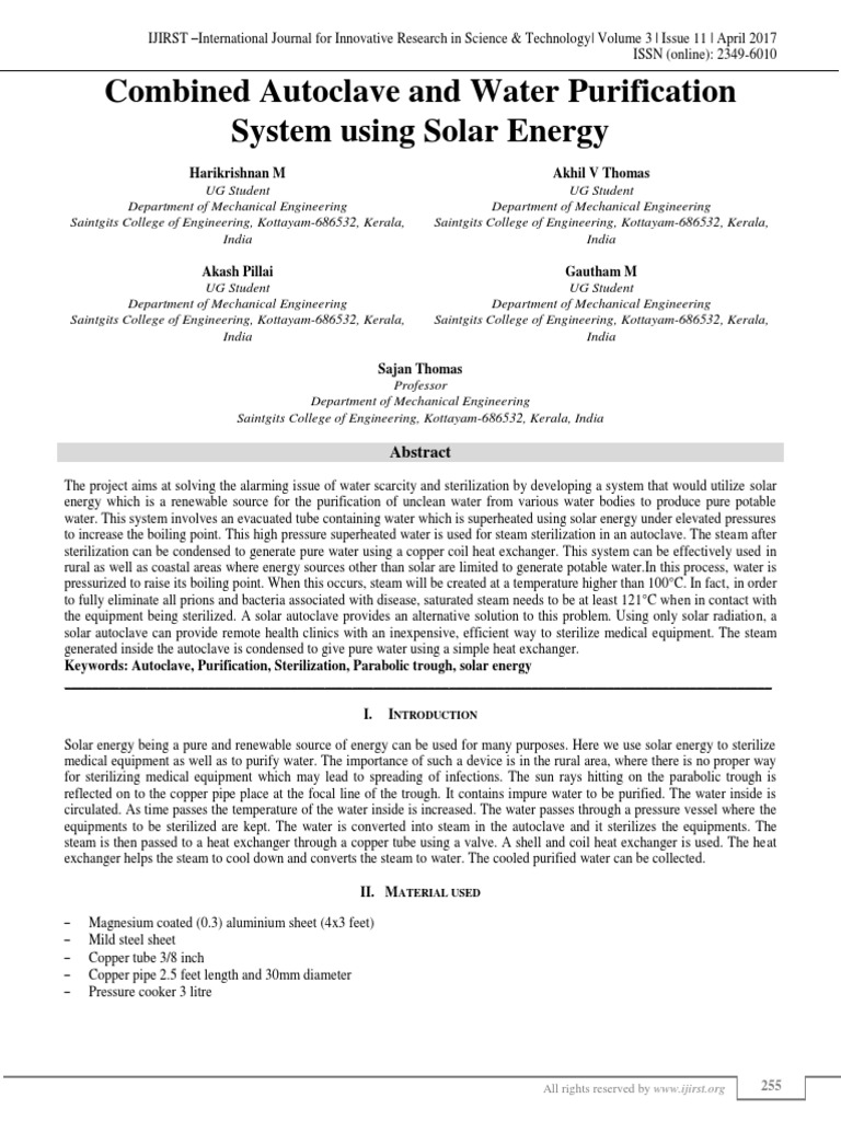 Combined Autoclave and Water Purification System Using Solar Energy ...