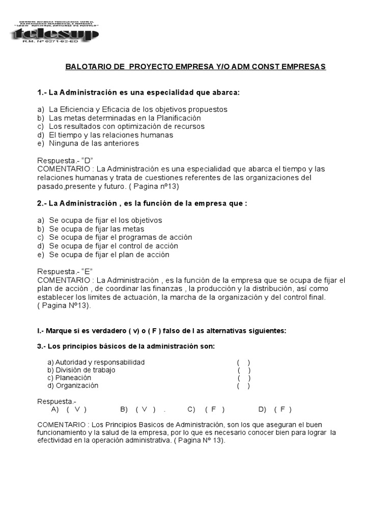 Balotario de Proyecto Empresarial Ad Const Emp | PDF | Mercado (economía) | Planificación