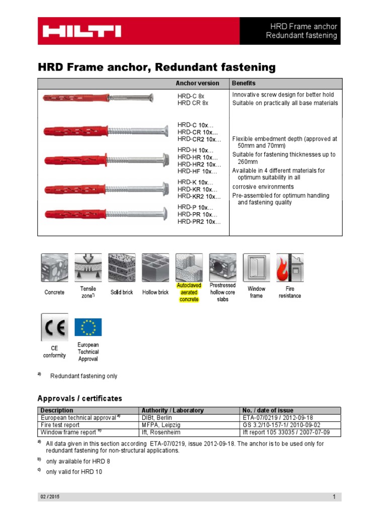 HRD Frame Anchor Specifications | PDF | Brick | Screw