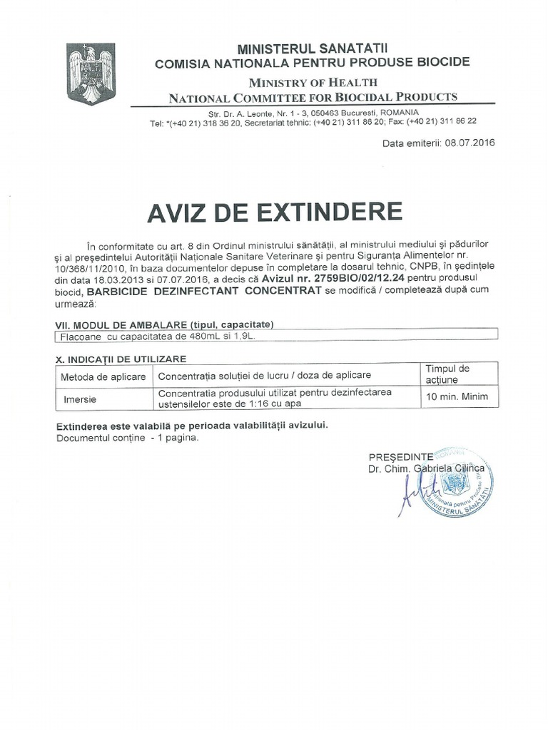 Barbicide Dezinfectant Concentrat Aviz Nr. 2759BIO 02 12.24 Extindere ...