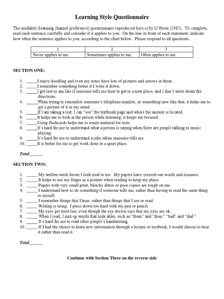 Learning Style Questionnaire | PDF | Learning Styles | Learning