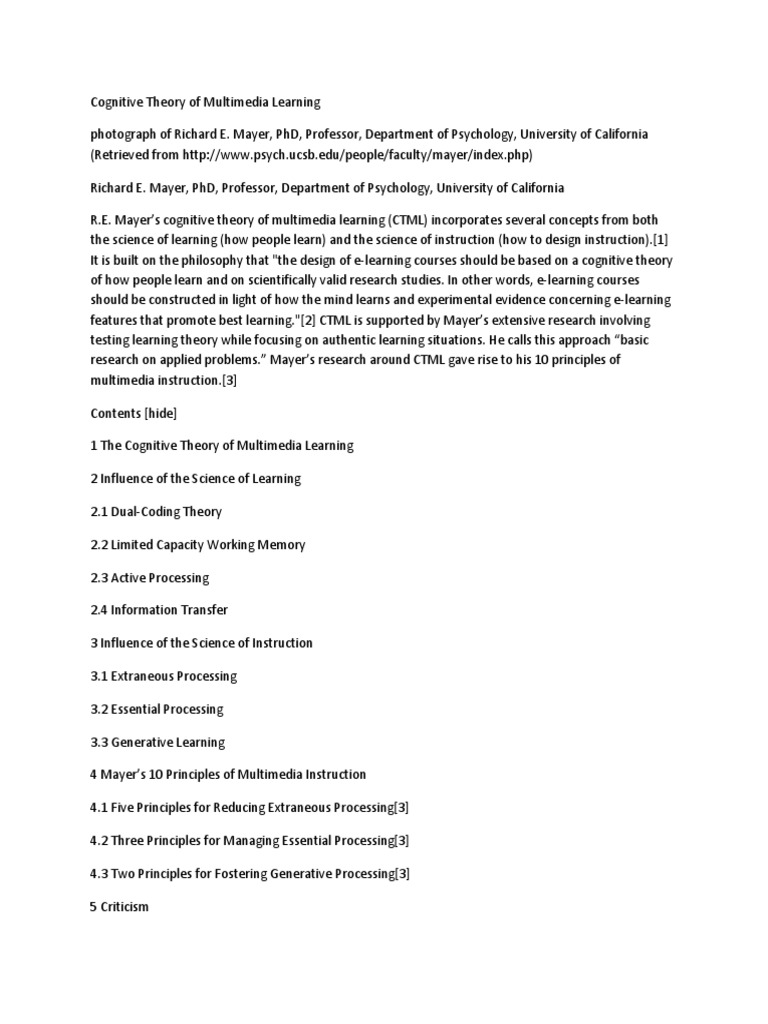 Cognitive Theory of Multimedia Learning | PDF | Working Memory | Memory