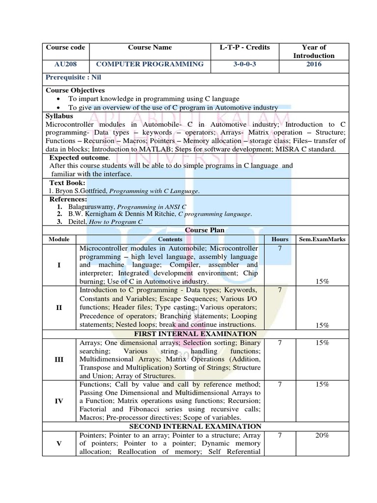 AU208 Computer Programming | PDF | C (Programming Language) | Pointer (Computer Programming)