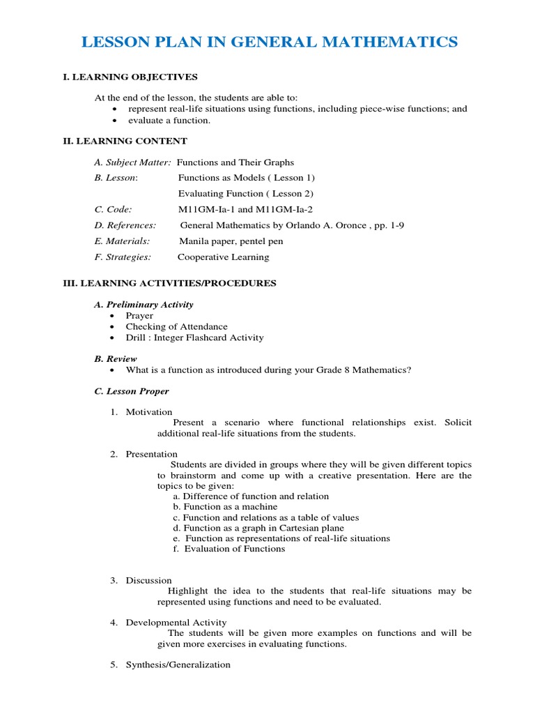 Functions and Evaluations Lesson Plan | PDF | Lesson Plan | Function ...