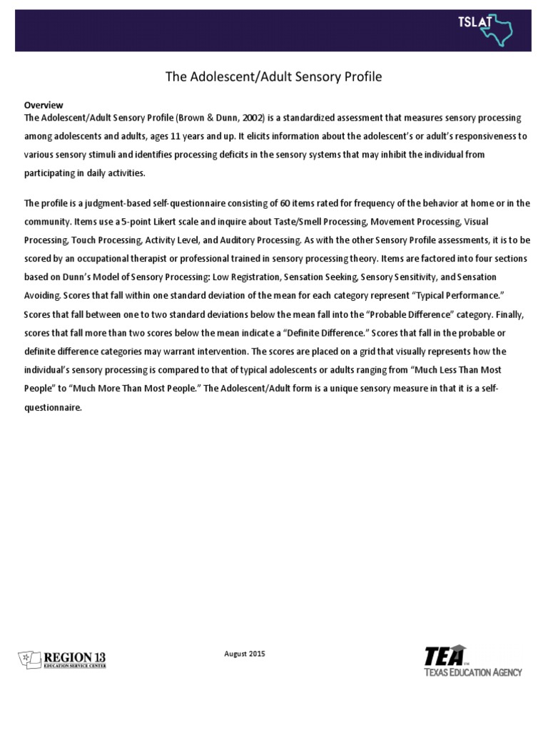 Adolescent/Adult Sensory Profile Overview | PDF | Perception | Autism