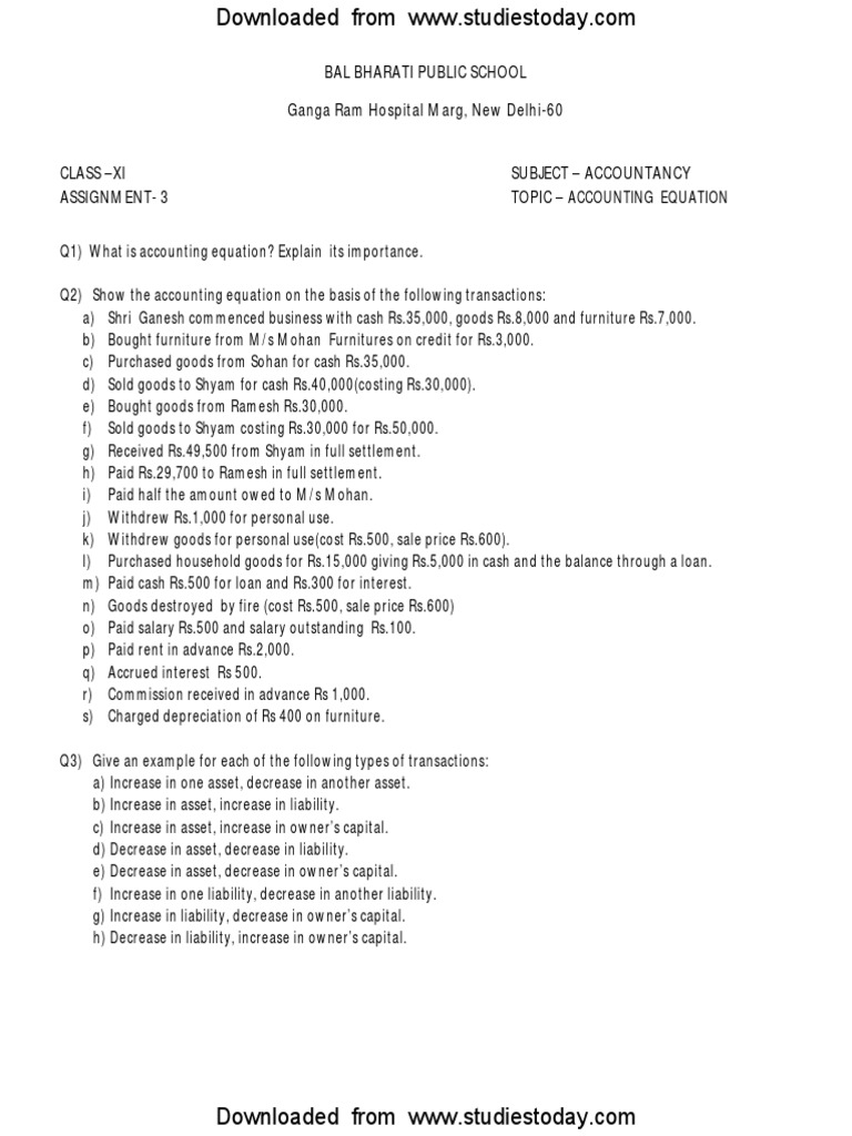 CBSE Class 11 Accountancy Worksheet | PDF