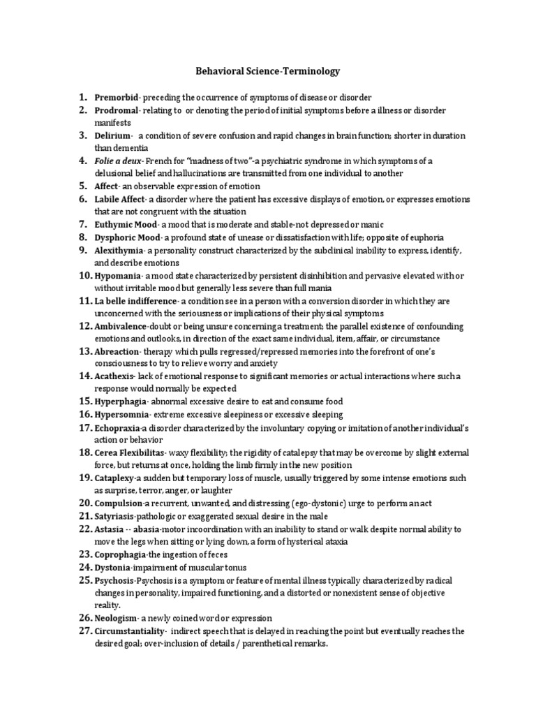 Behavioral Sciences Terms | PDF | Mania | Psychiatric Diagnosis
