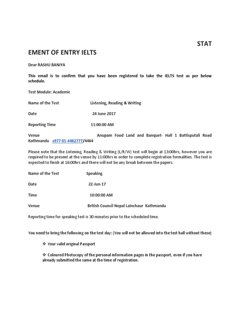 IELTS Test Registration Confirmation | PDF