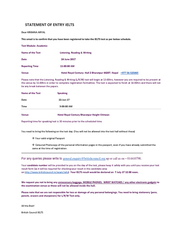 Statement of Entry Ielts: Dear Krishna Aryal | PDF | International ...