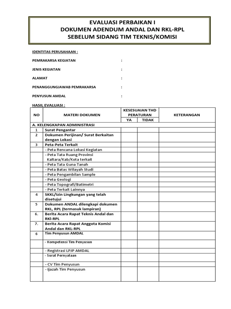 Evaluasi Perbaikan Sebelum Teknis Amdal Format Adendum | PDF