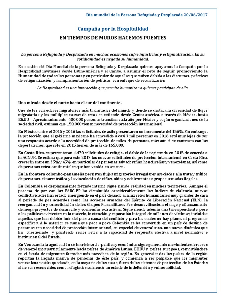 Declaración por el Día de la Persona Refugiada y Desplazada ...