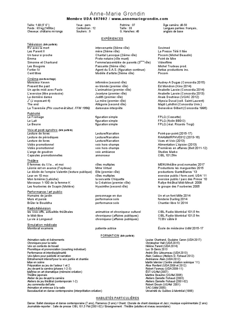 CV Court - Anne-Marie Grondin 607002 PDF | PDF | Arts du spectacle ...