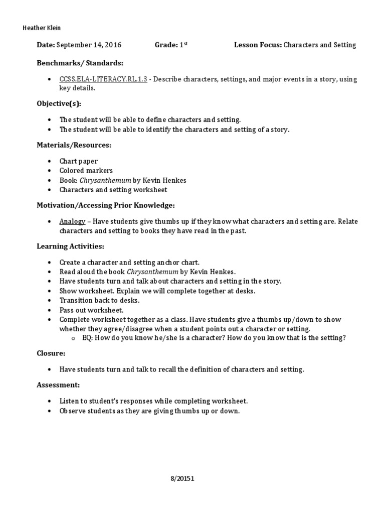 Characters and Setting Lesson | PDF