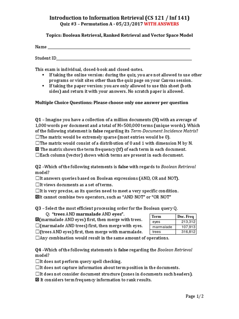 Quiz IRS17 3A Answers | PDF | Information Retrieval | Algebra