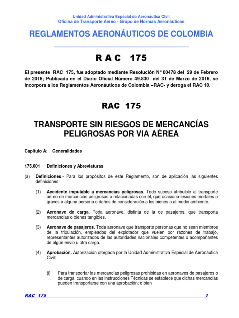RAC 175 - Transporte sin Riesgo de Mercancías Peligrosas por vía Aérea ...