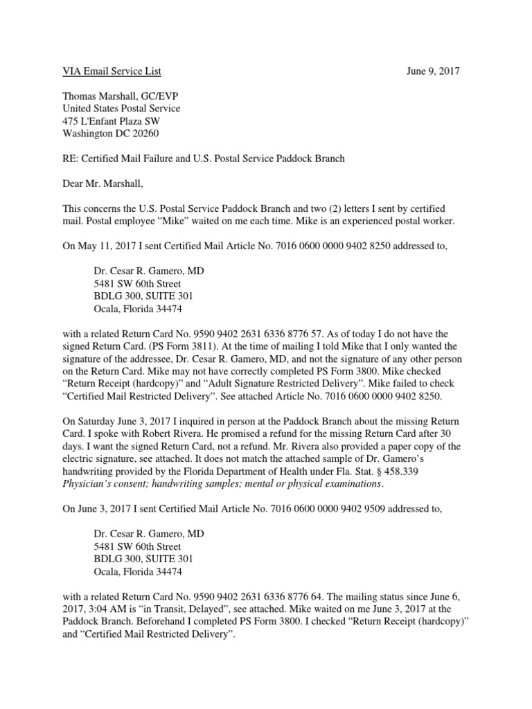 Letters To Thomas Marshall GC-EVP USPS, Re Certified Mail Failure, U.S ...