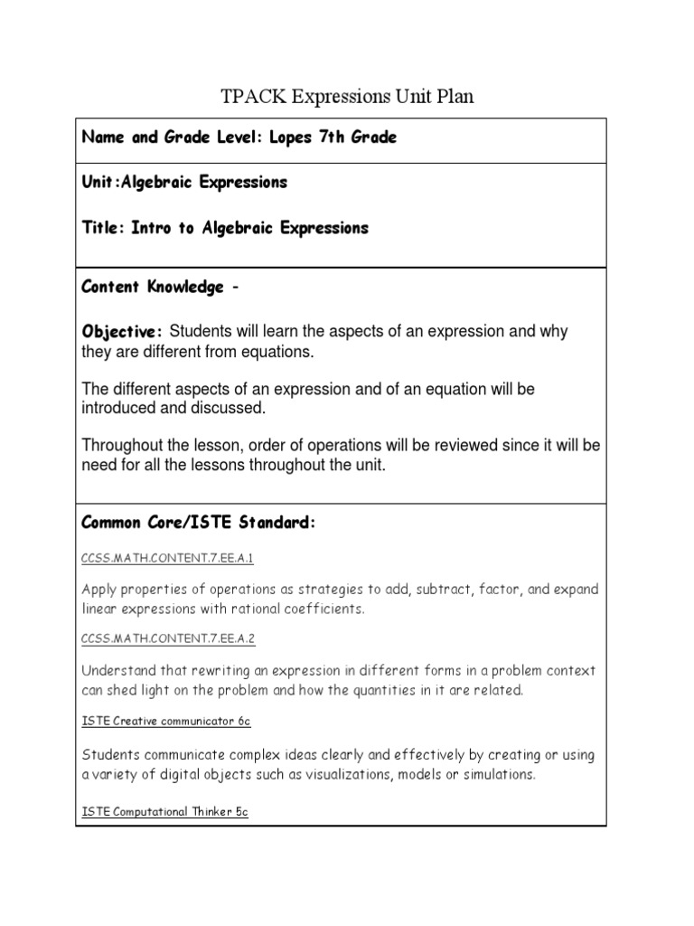 TPACK Expressions Unit Plan | PDF | Critical Thinking | Educational ...
