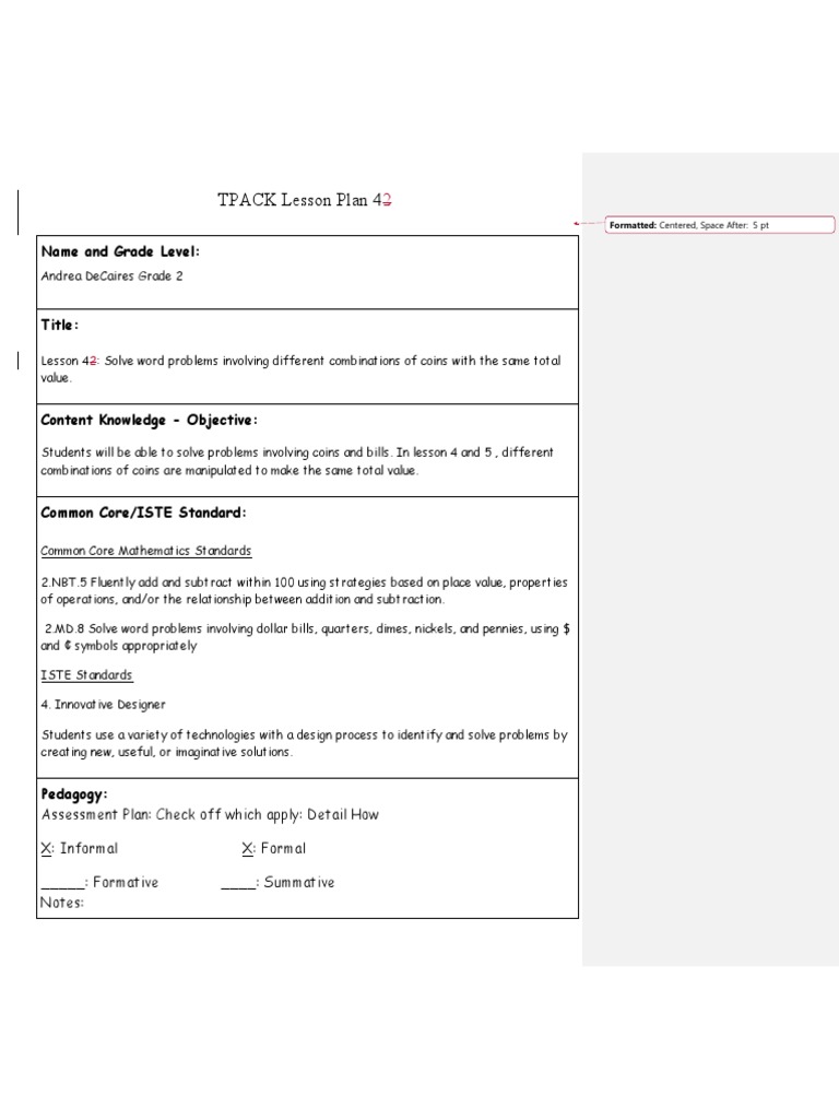 TPACK Lesson Plan 4: Name and Grade Level | PDF | Common Core State ...