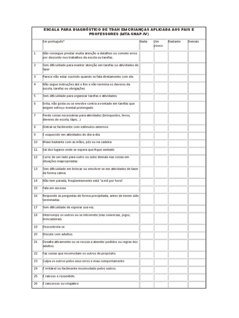 Escalas Para Diagnóstico de Tdah | Transtorno de Déficit de Atenção e ...