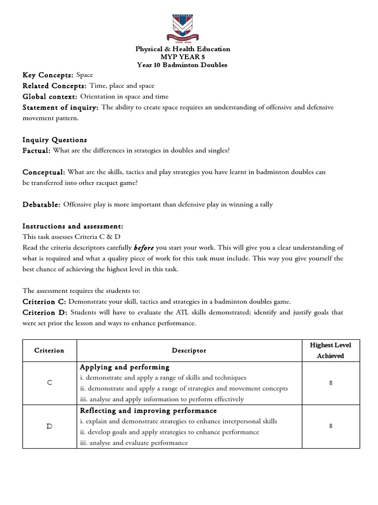 Badminton Doubles: Strategies & Assessment | PDF | Educational ...