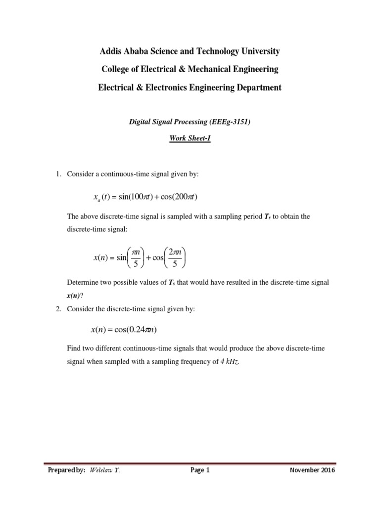 Work Sheet I | PDF | Signal (Electrical Engineering) | Sampling (Signal Processing)