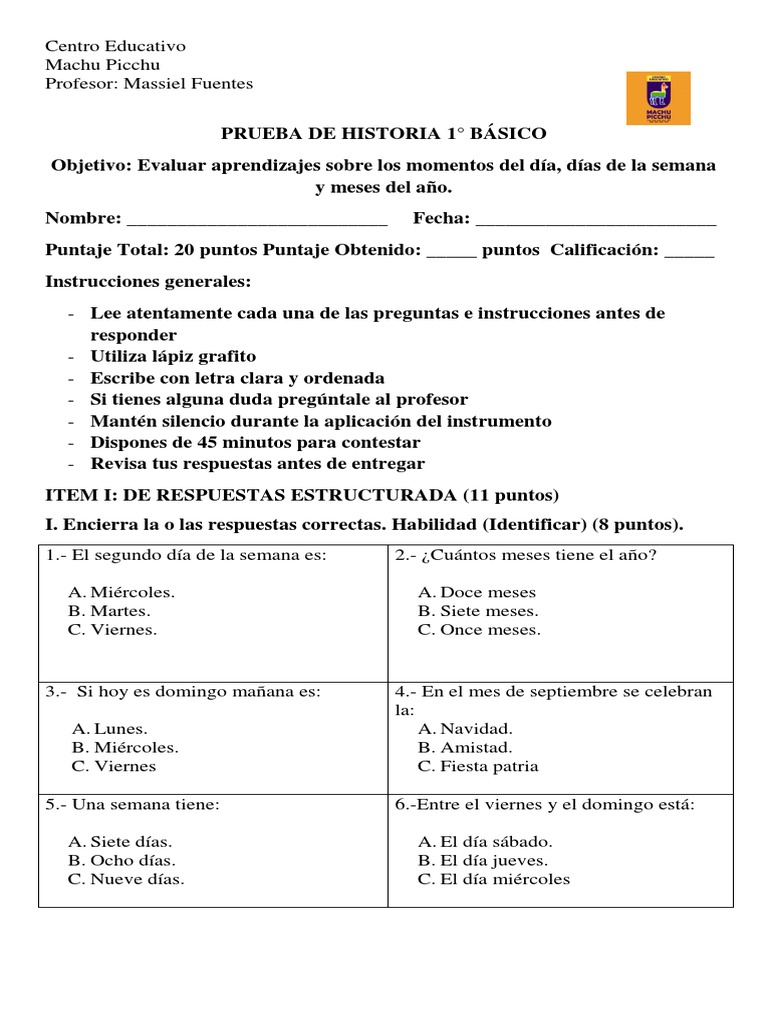 Prueba Historia Meses Del Ano y Dias de La Semana | PDF | Calendario