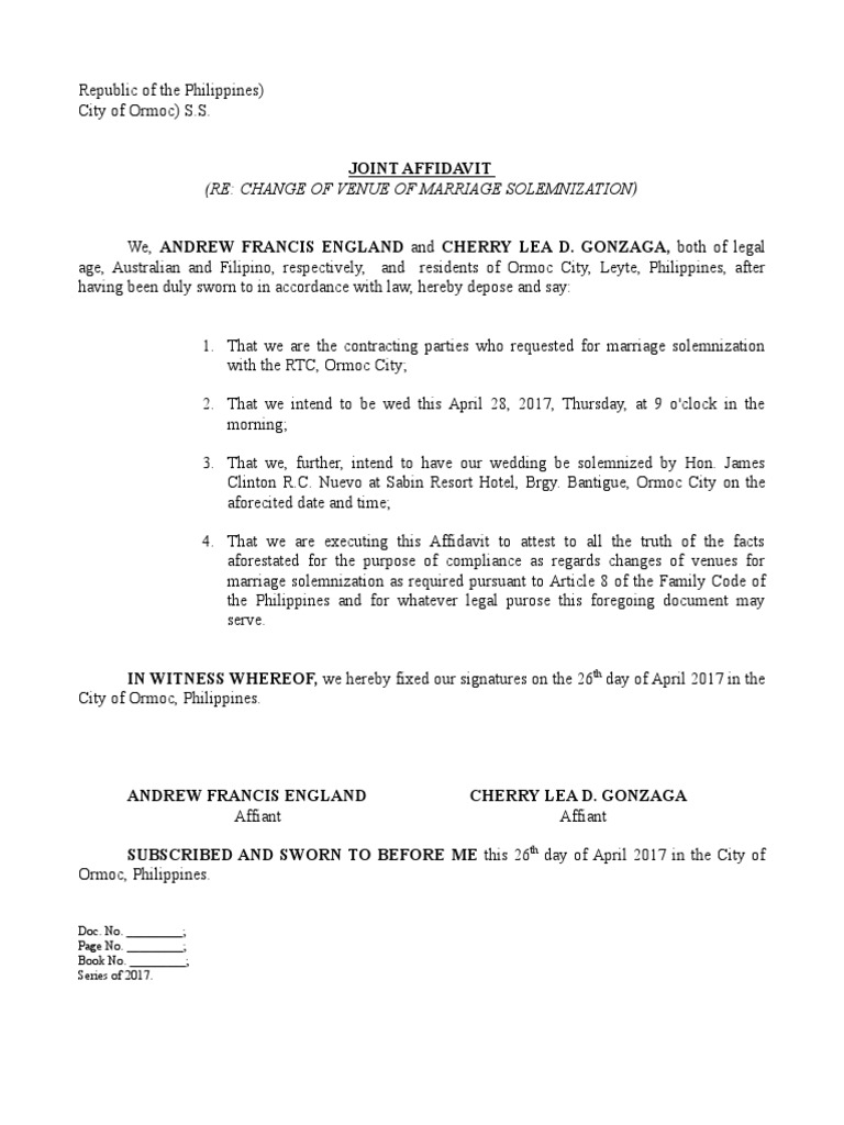 Affidavit of Change of Venue | Affidavit | Marriage License