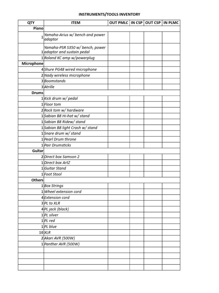 Inventory of musical instruments and tools | PDF