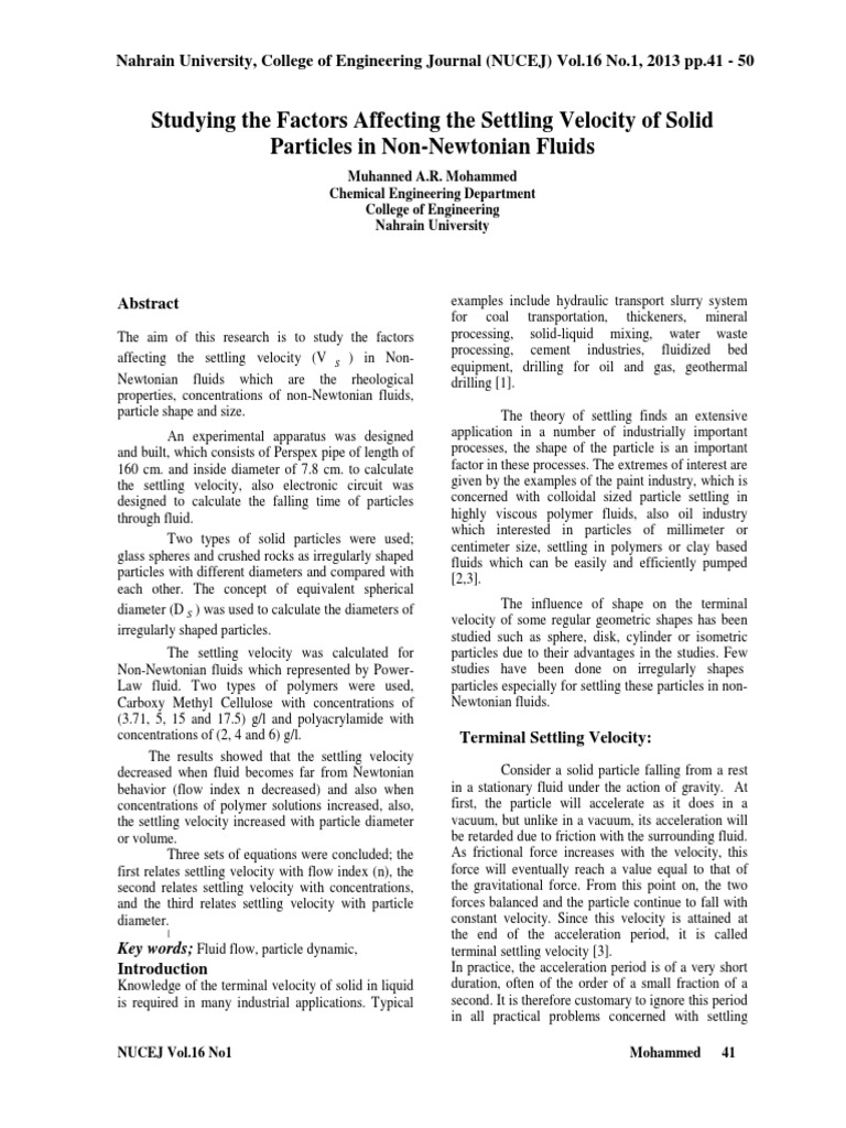 Studying The Factors Affecting The Settling Velocity of Solid Particles in Non-Newtonian Fluids ...