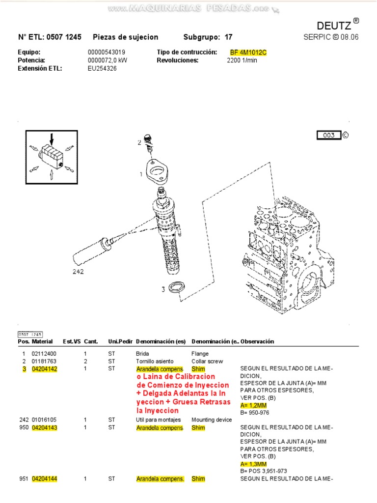 DEUTZ BF4M1012C Catalogo Reptos. Lainas de Comienzo de Inyeccion 2006 | PDF