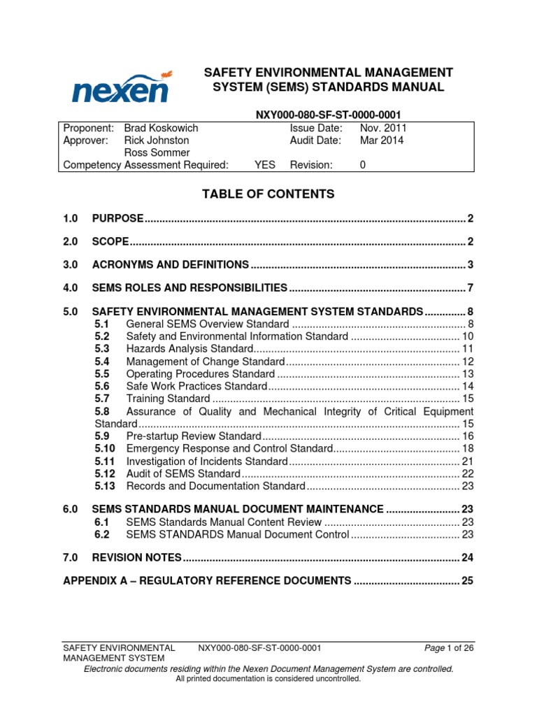 Safety Environmental Management System (Sems) Standards Manual | PDF ...