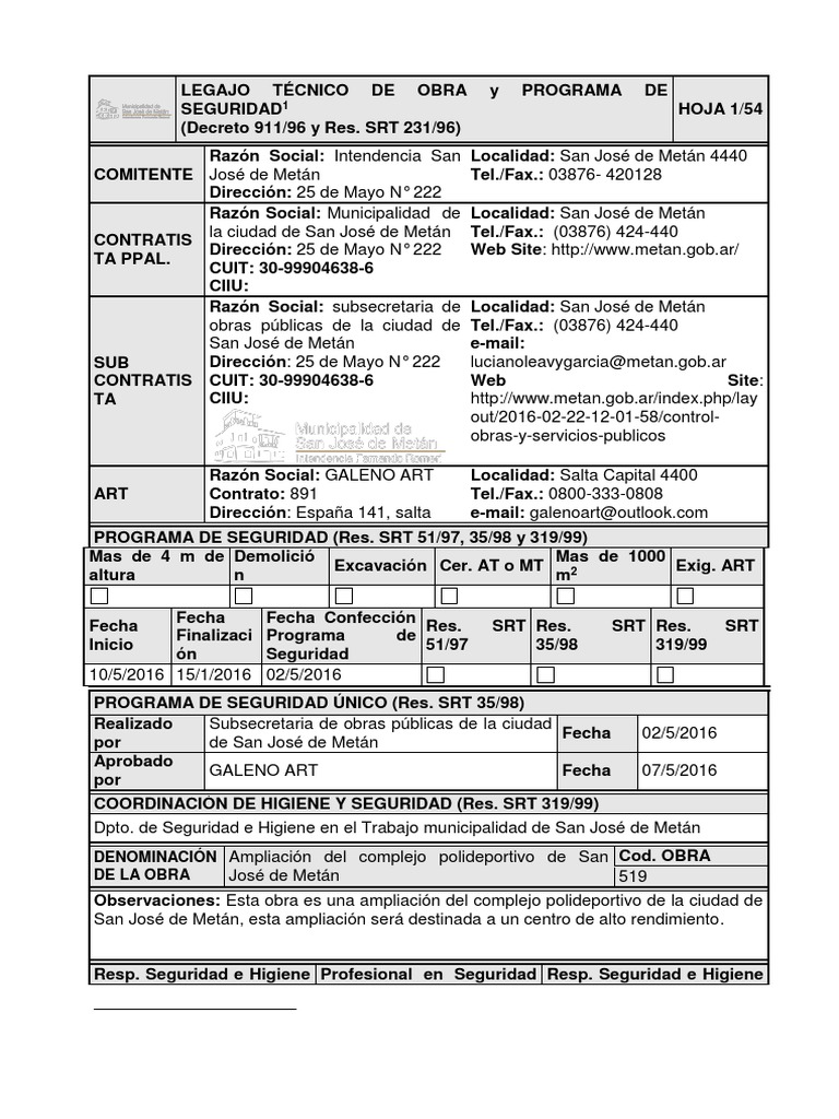 Legajo Tecnico y Programa de Seguridad Desc | Excavación (Arqueología) | Seguridad y salud ...