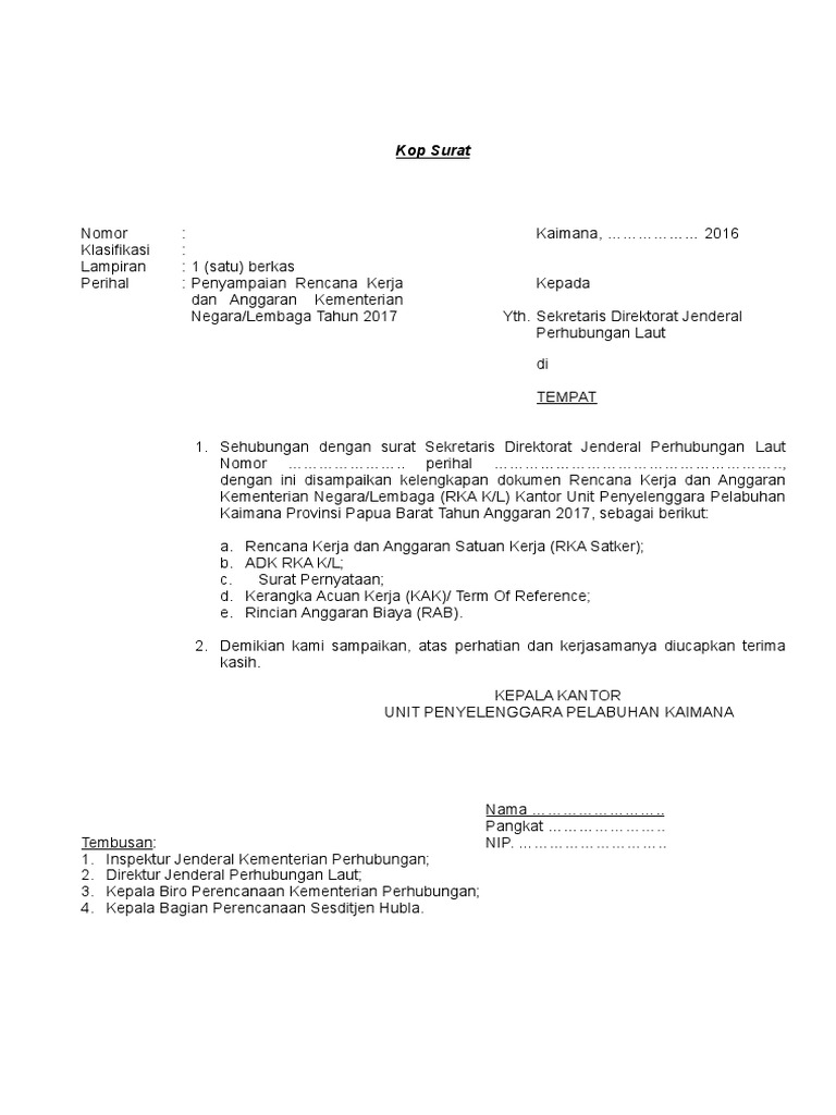 Contoh Surat Pengantar Penyampaian RKAKL | PDF