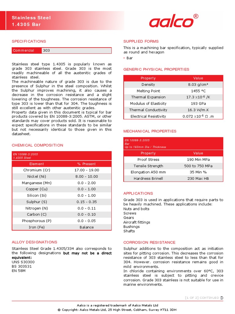 Aalco Metals LTD Stainless Steel 14305 Bar 107 | PDF | Stainless Steel ...