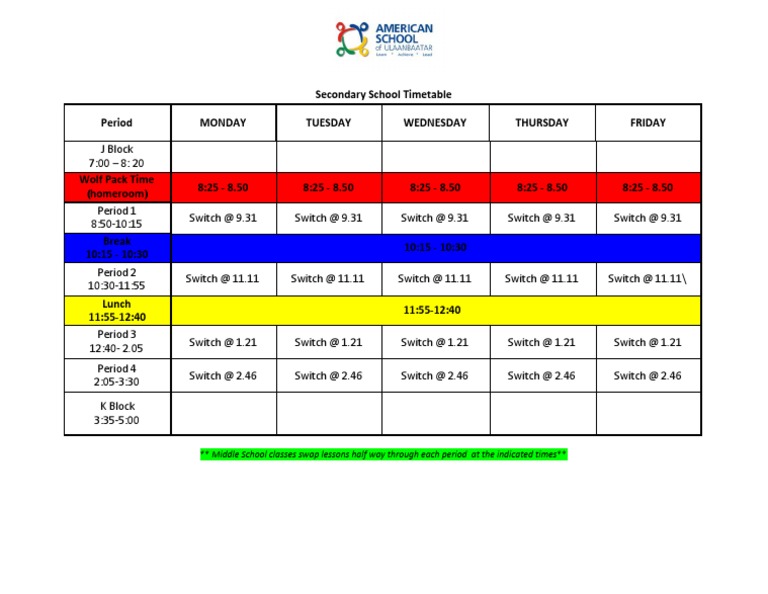Secondary School Timetable Period Monday Tuesday Wednesday Thursday ...