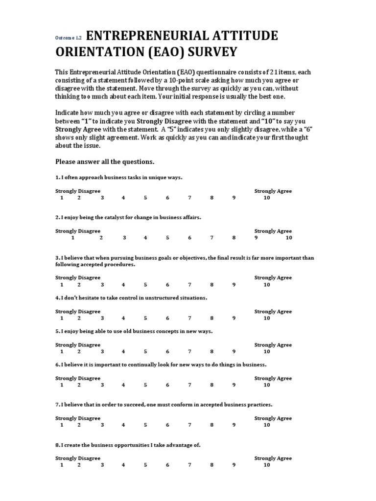 Outcome 1.2 The Entrepreneurial Attitude Quiz | PDF | Entrepreneurship | Survey Methodology