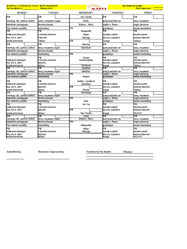 Monthly Coverage Plan - Merchandiser Monday Tuesday Wednesday Thursday ...