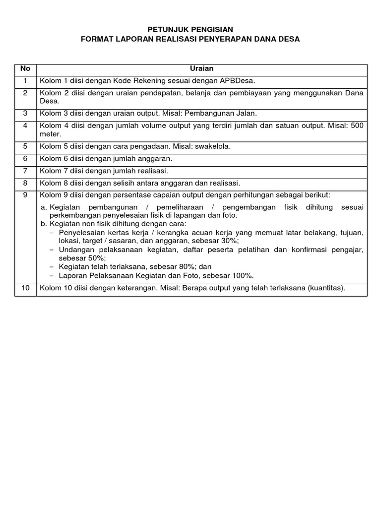 Petunjuk Pengisian Format Laporan Realisasi DD ### | PDF | Pengelolaan ...