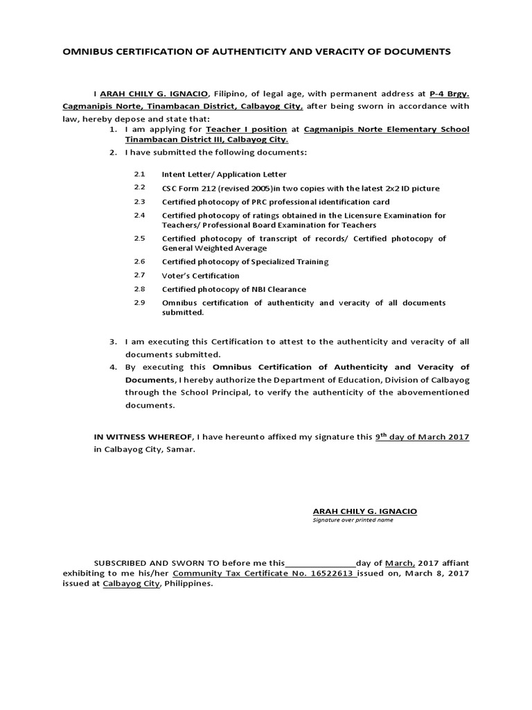 Omnibus Certification for Teacher Application | PDF | Identity Document ...
