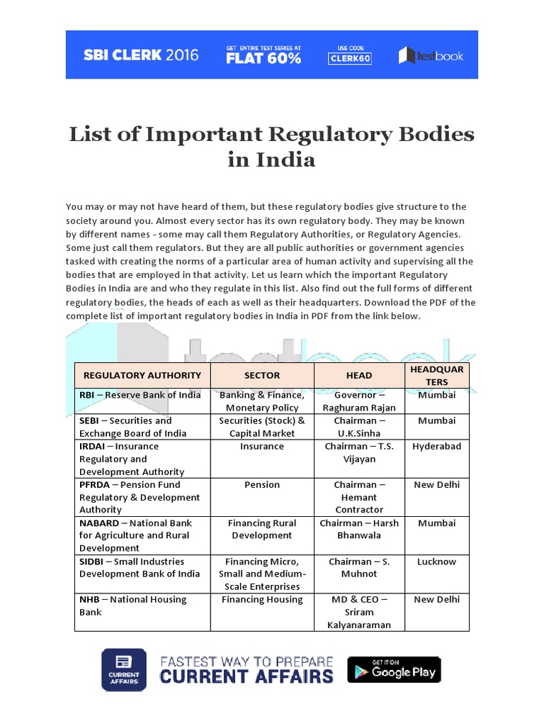 List of Important Regulatory Bodies in India in | Reserve Bank Of India ...