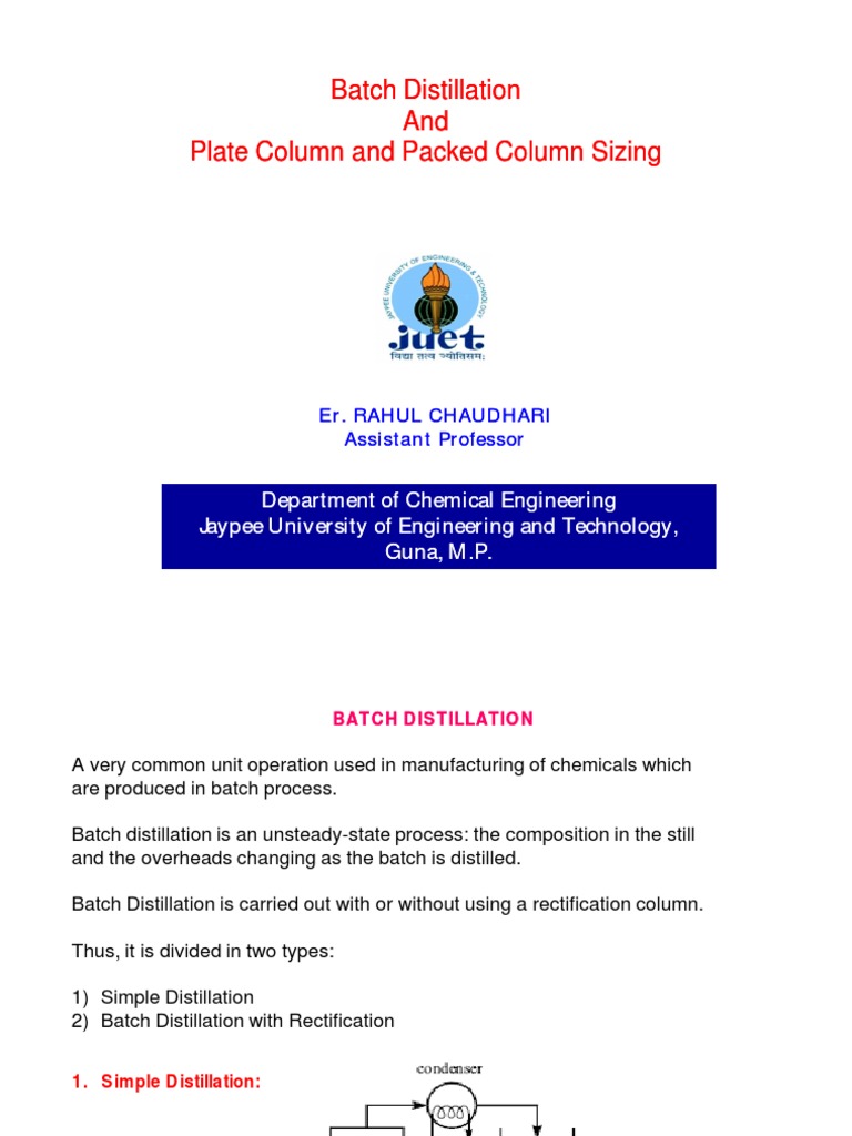 Batch Distillation and Plate and Packed Column Sizing (Compatibility ...