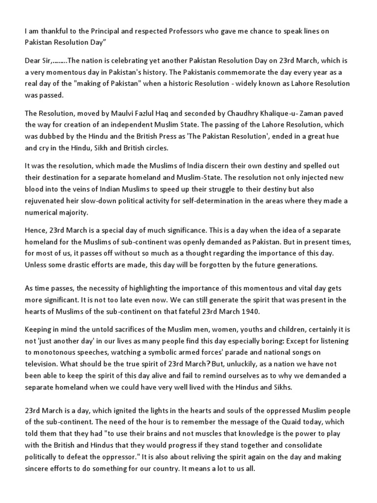 Pakistan Resolution Day Speech | PDF | Pakistan | South Asia