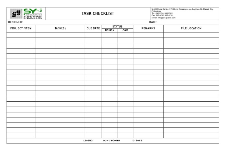 Task Checklist: Project / Item Task (S) Due Date Status Remarks File ...