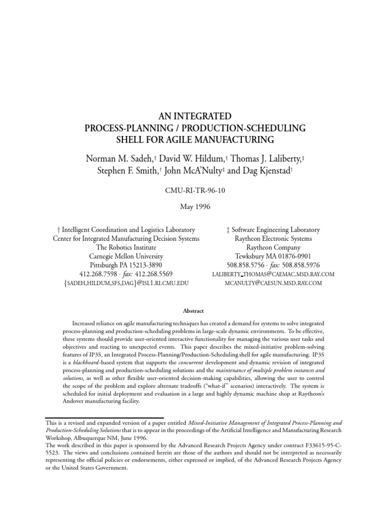 An Integrated Process-Planning / Production-Scheduling Shell For Agile Manufacturing | PDF ...