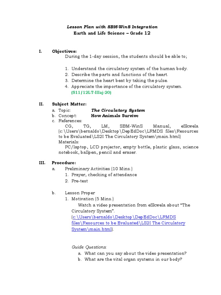 DLP Sample of Life Science | PDF | Pulse | Lesson Plan